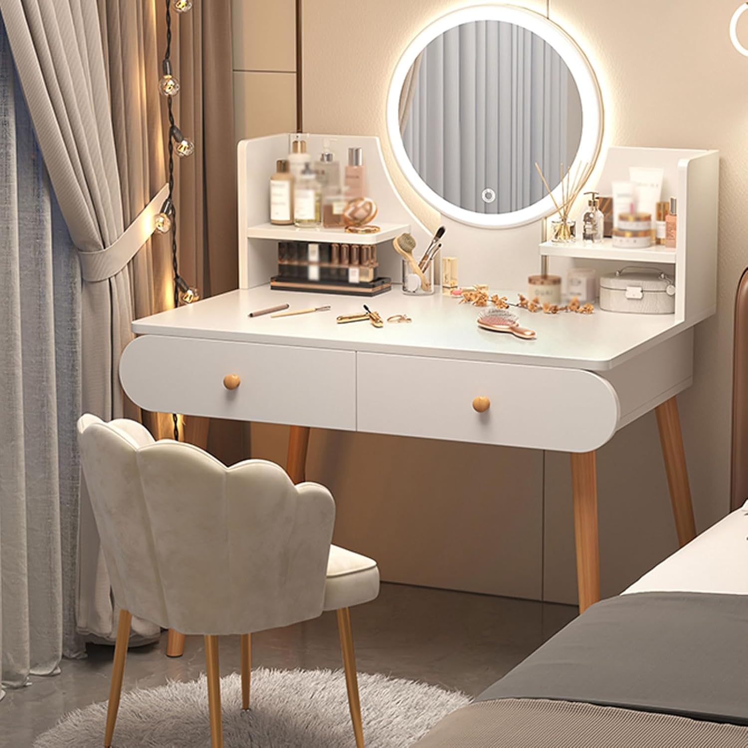 Meuble Coiffeuse avec Miroir Led et Tabouret, Stockage en Couches ...