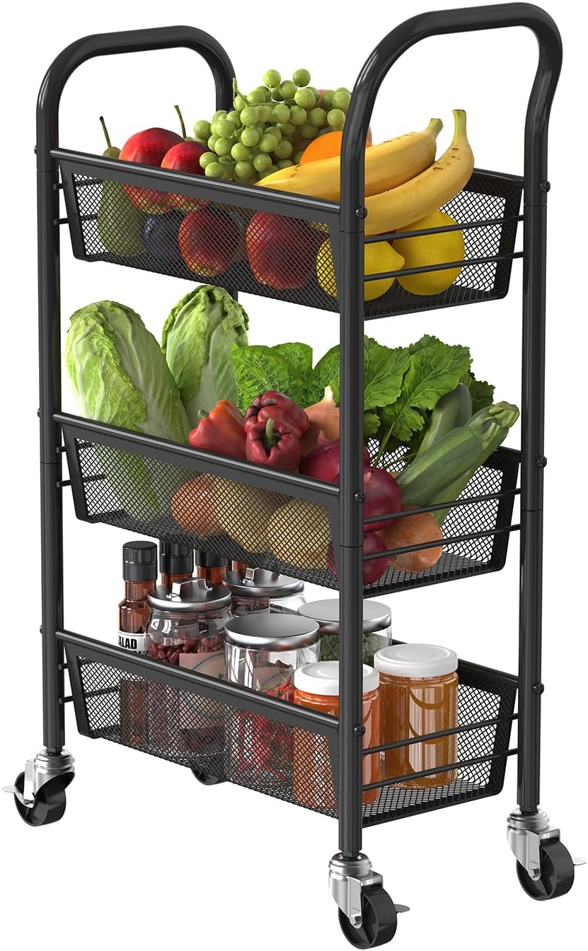 Amazon.com: 3 Tier Metal Rolling Cart with Wheels and Handle ...