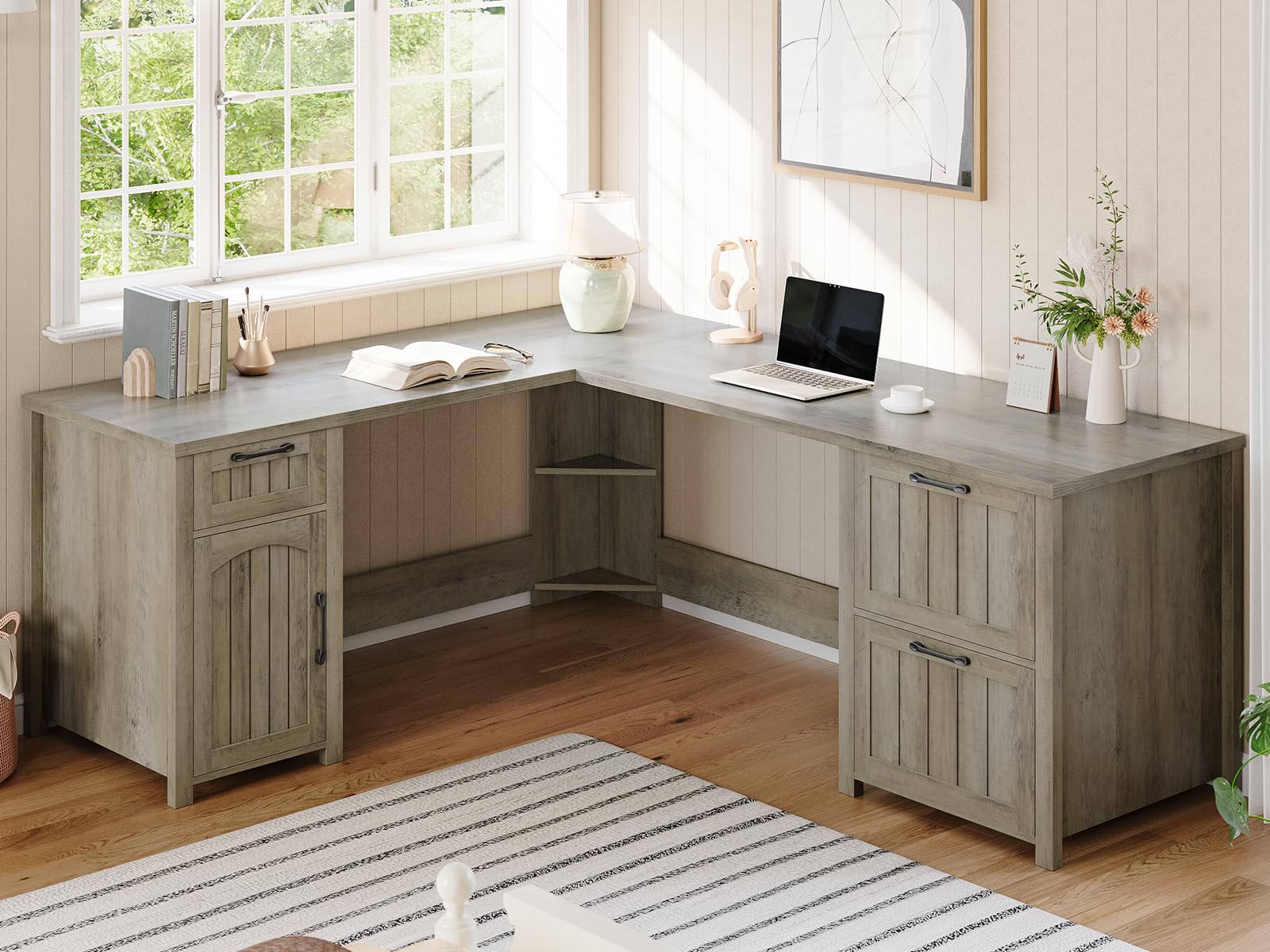 Amazon.com: SEDETA Farmhouse L Shaped Executive Desk with 3 Drawers ...