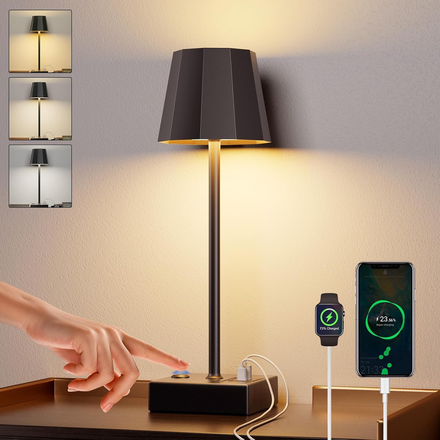 Niaycouky Cordless Table Lamp for Bedroom, 8000mAh Battery Operated ...