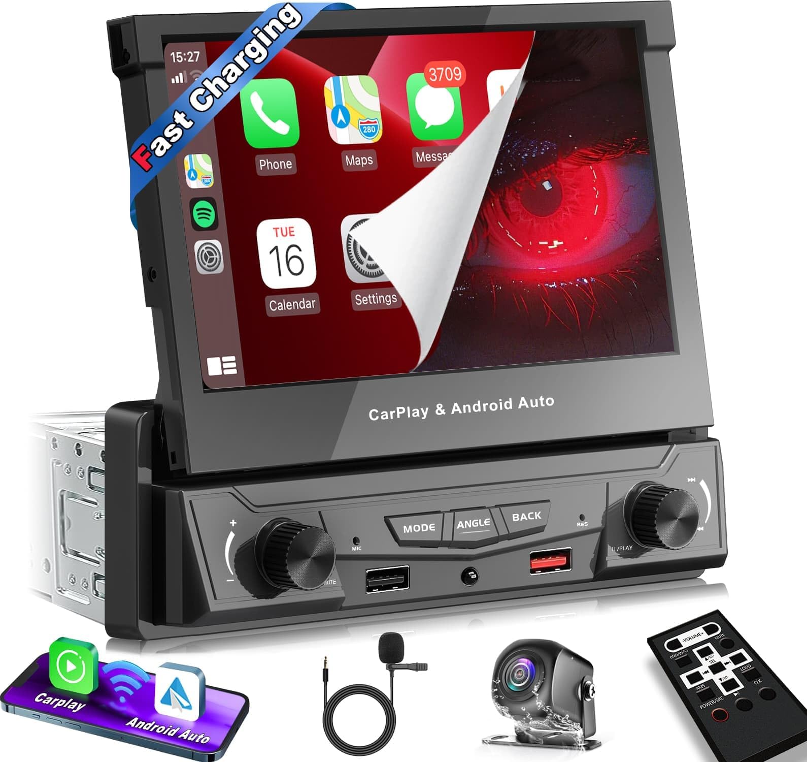 Amazon.com: Single Din Flip Out Screen Car Stereo with Wireless Carplay ...