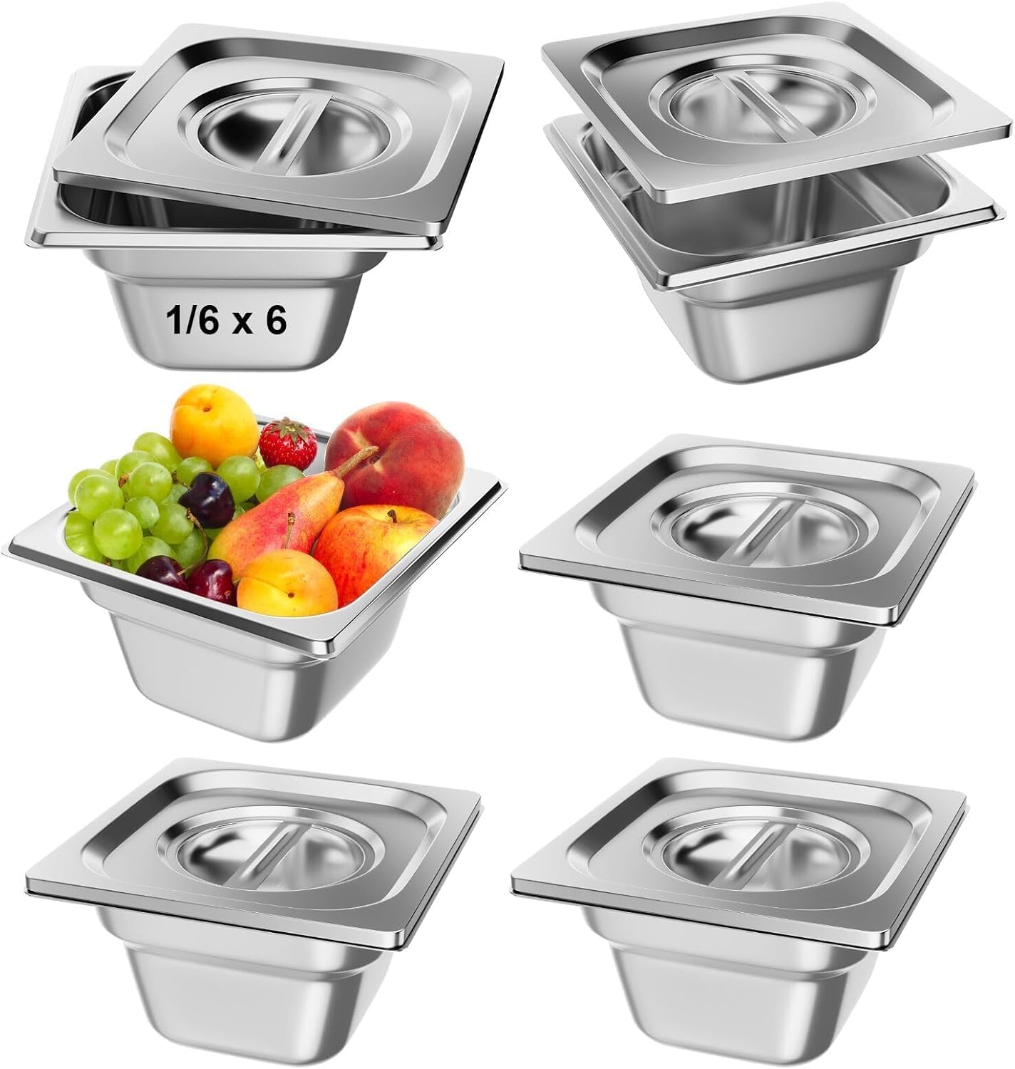 TAIMIKO 6PCS Stainless Steel Gastronorm Pan 1/6 GN Tray Container 100mm ...