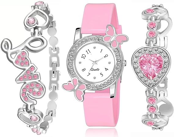 Acnos® Premium White Dial Diamond Pink Analog Watch Diamond Bracelet ...