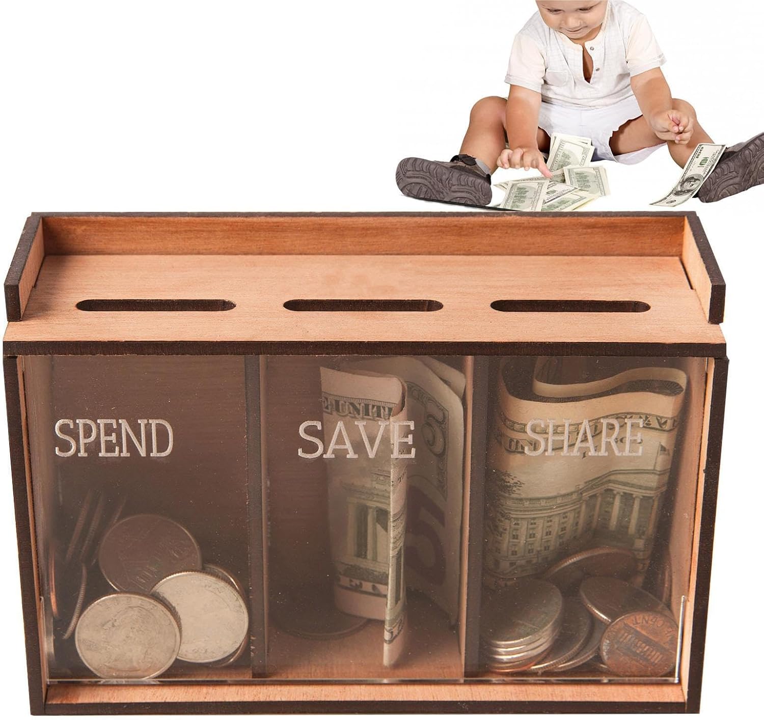 Money Box for Cash Saving,3 Compartments Wooden Coin Bank with ...