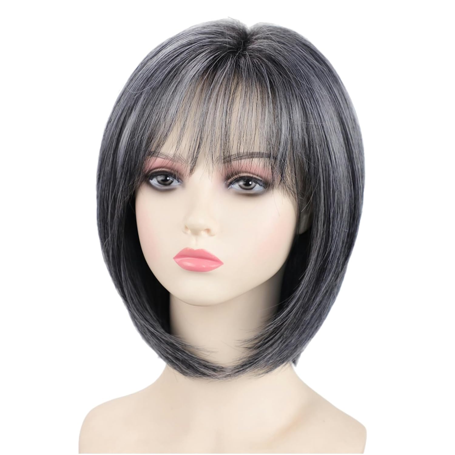 Amazon.com : RENERSHOW Grey Medium Length Bob Wig with Bangs Layered ...