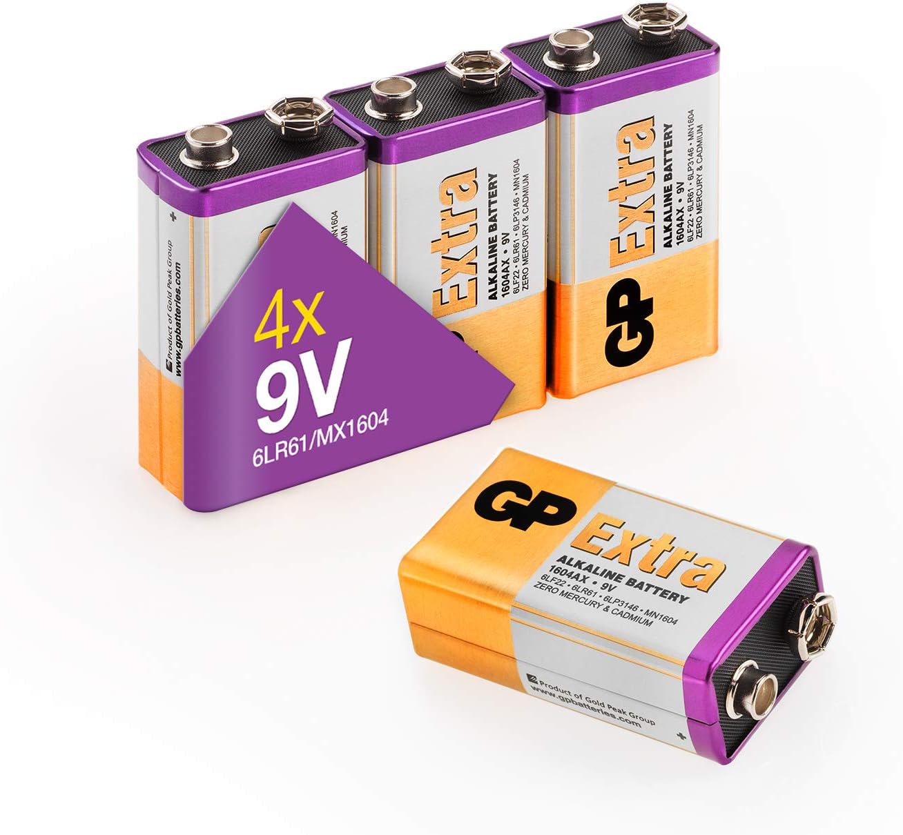 Batteries 9 Volt (9V) Pack of 4 PP3 - MN1604 – 6LR61 – 6LF22 by GP ...