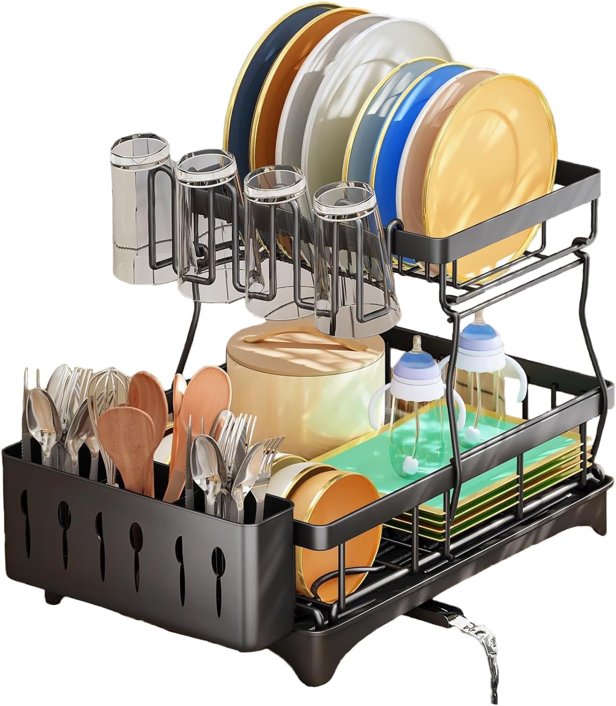 Yalixuan 2 Tier Dish Drainer Rack with Drip Tray, Detachable Dish ...