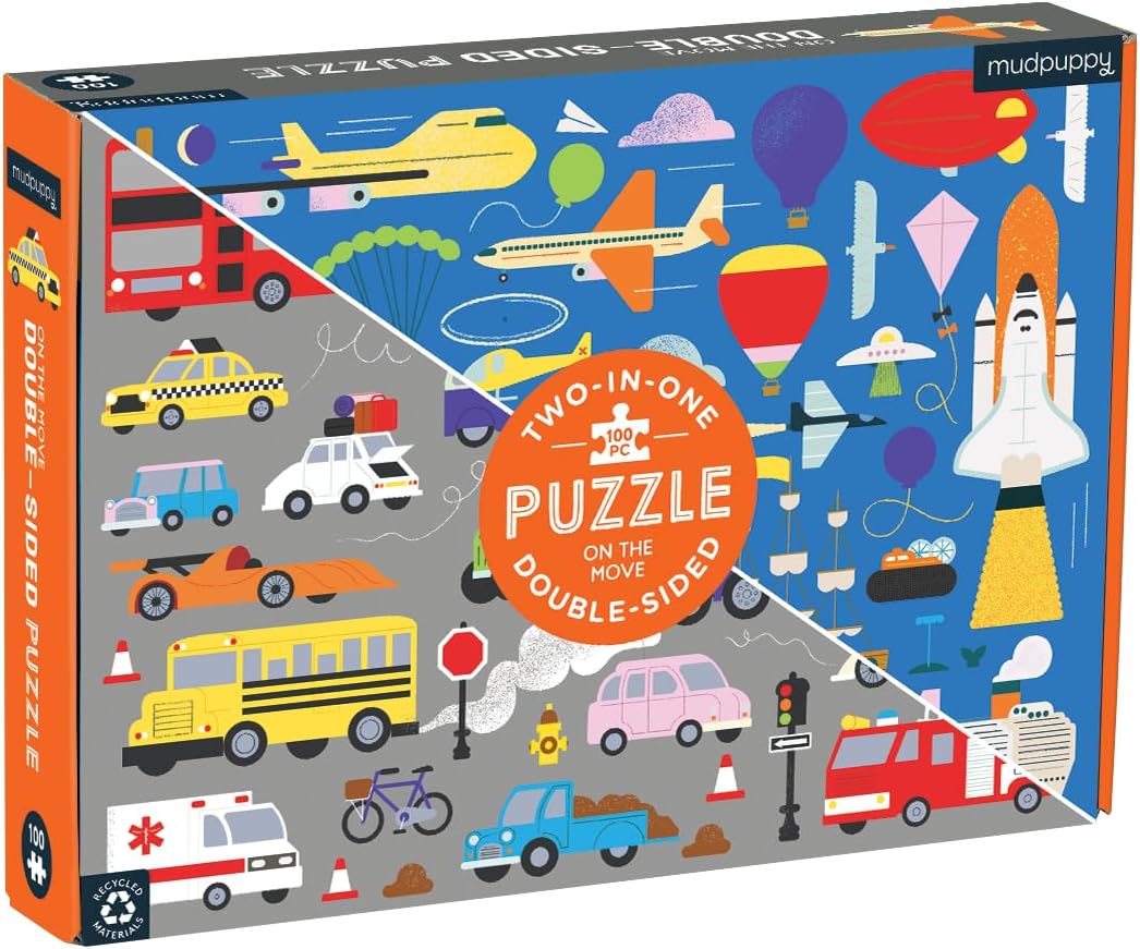 Amazon.com: Mudpuppy On The Move 100 Piece Double-Sided Puzzle from ...