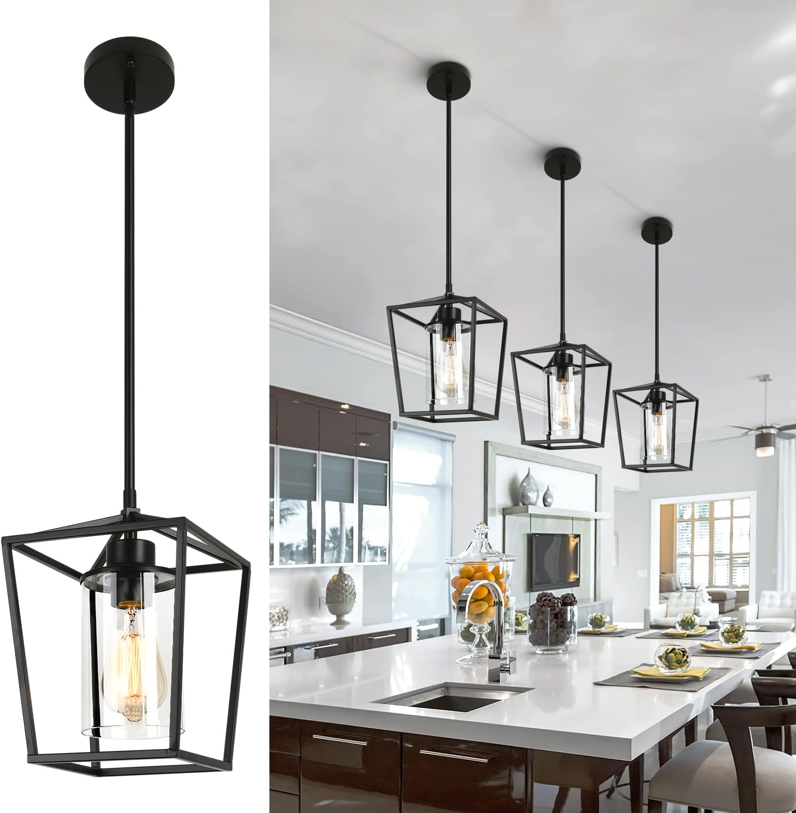 Modern Farmhouse Pendant Light with Metal Cage, One-Light Adjustable ...
