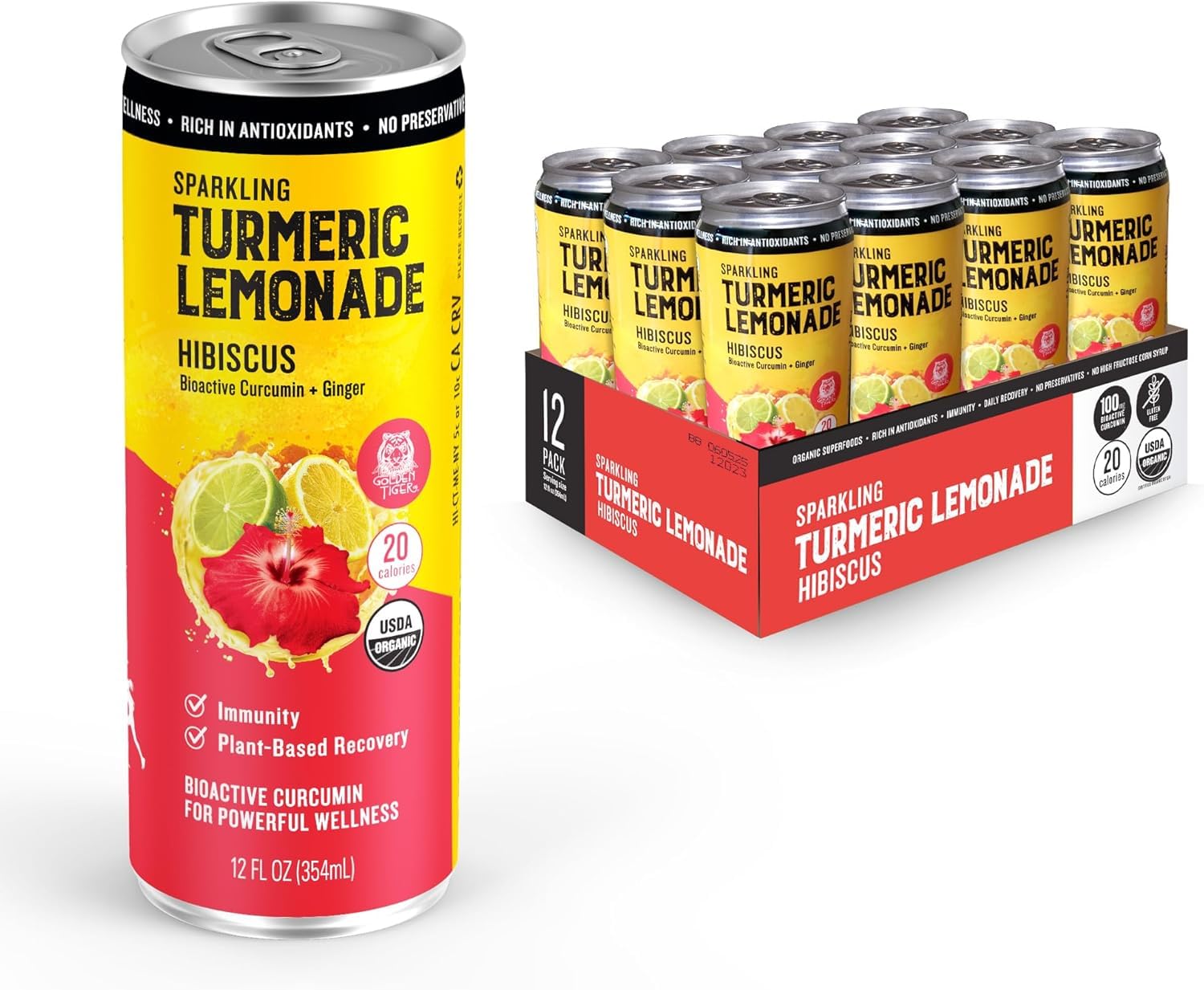 Amazon.com : Golden Tiger Sparkling Turmeric Lemonade, Hibiscus with ...