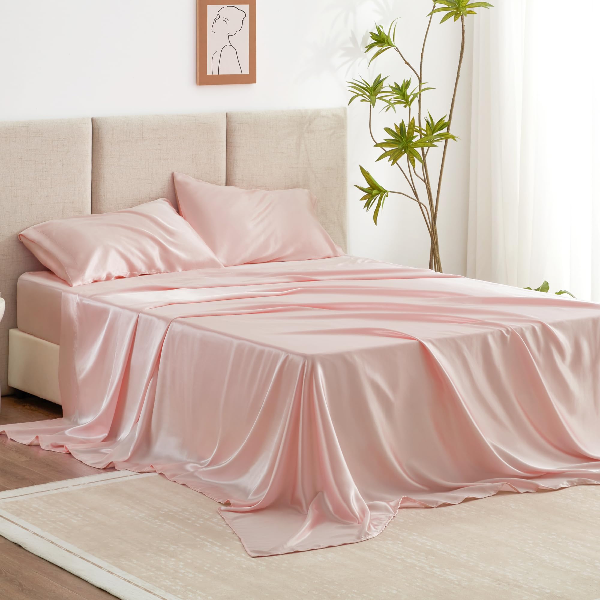 Amazon.com: Love's cabin Satin Queen Sheets Set - 4 Piece Coral Silky ...