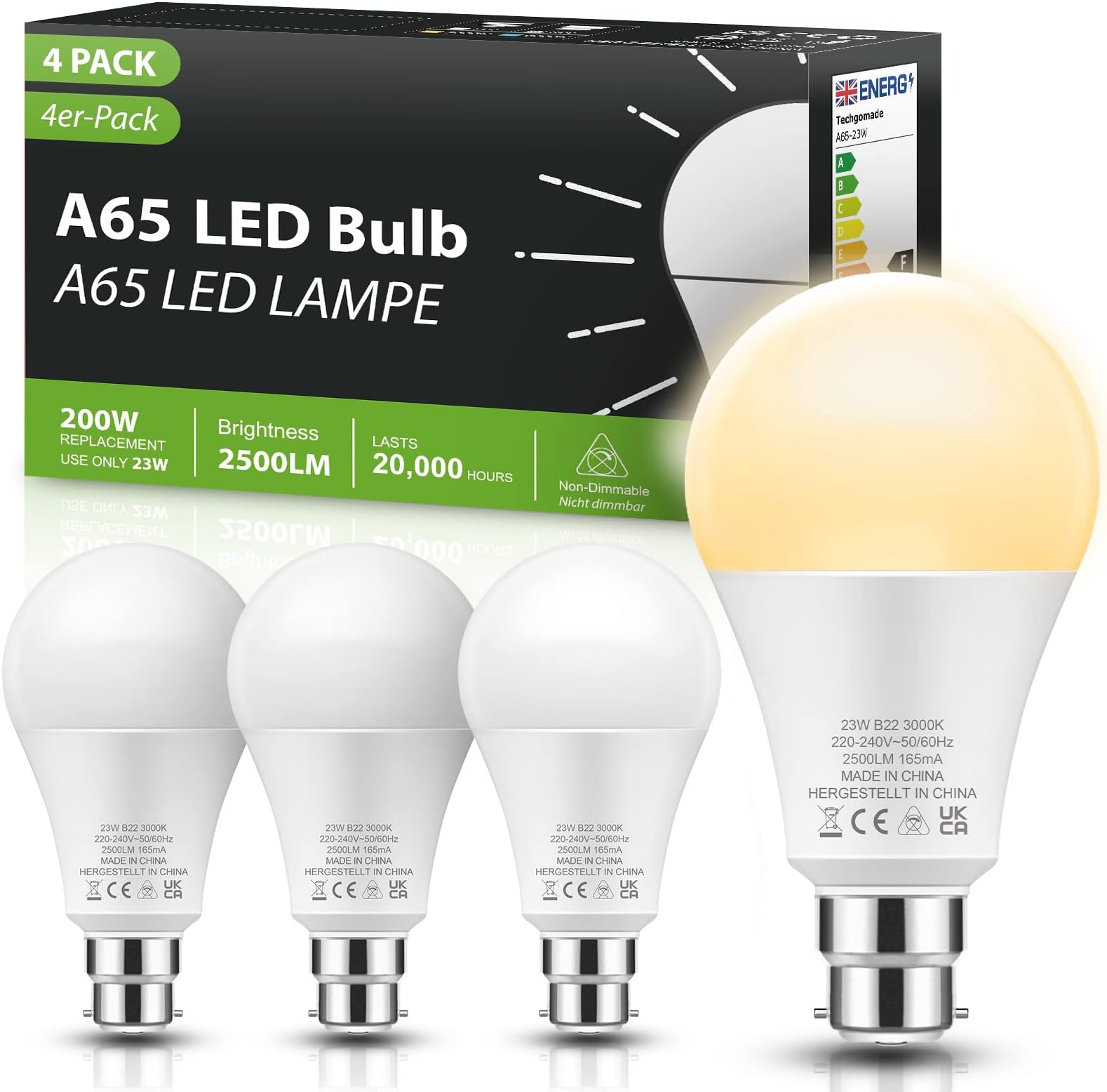 Techgomade Bayonet Light Bulb, B22 LED Bulb, 200W Equivalent, 23W ...