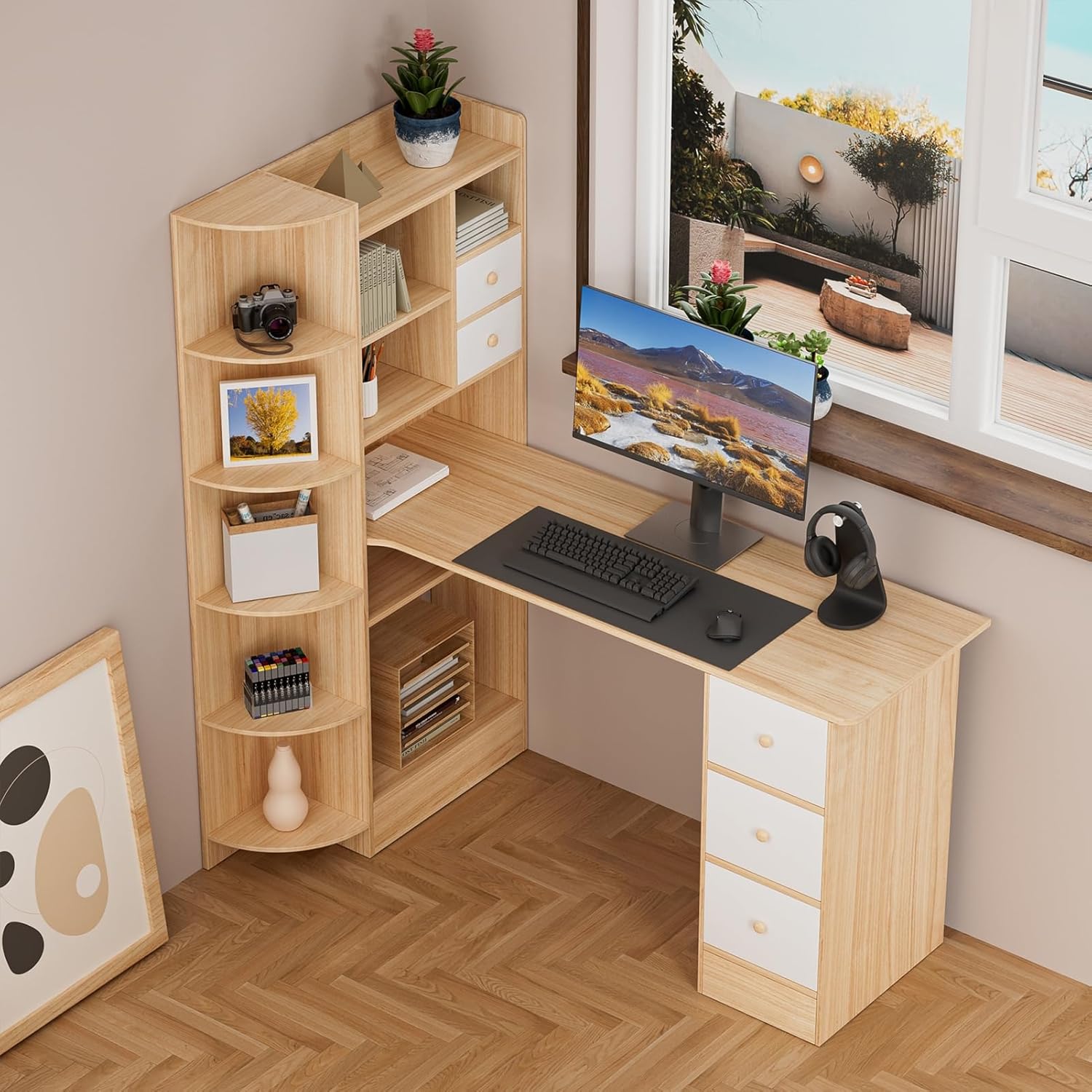 Amazon.com: Makamsui Bookcase Computer Desk for Home Office Bedroom, 2 ...