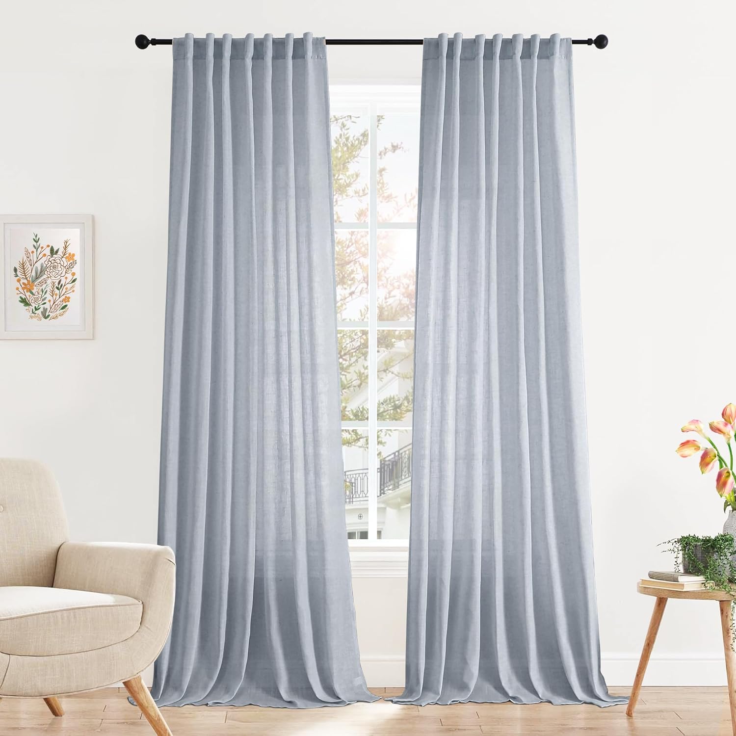 Amazon.com: Novecozy Natural Linen Blue Curtains 84 Inch Long 2 Panels ...
