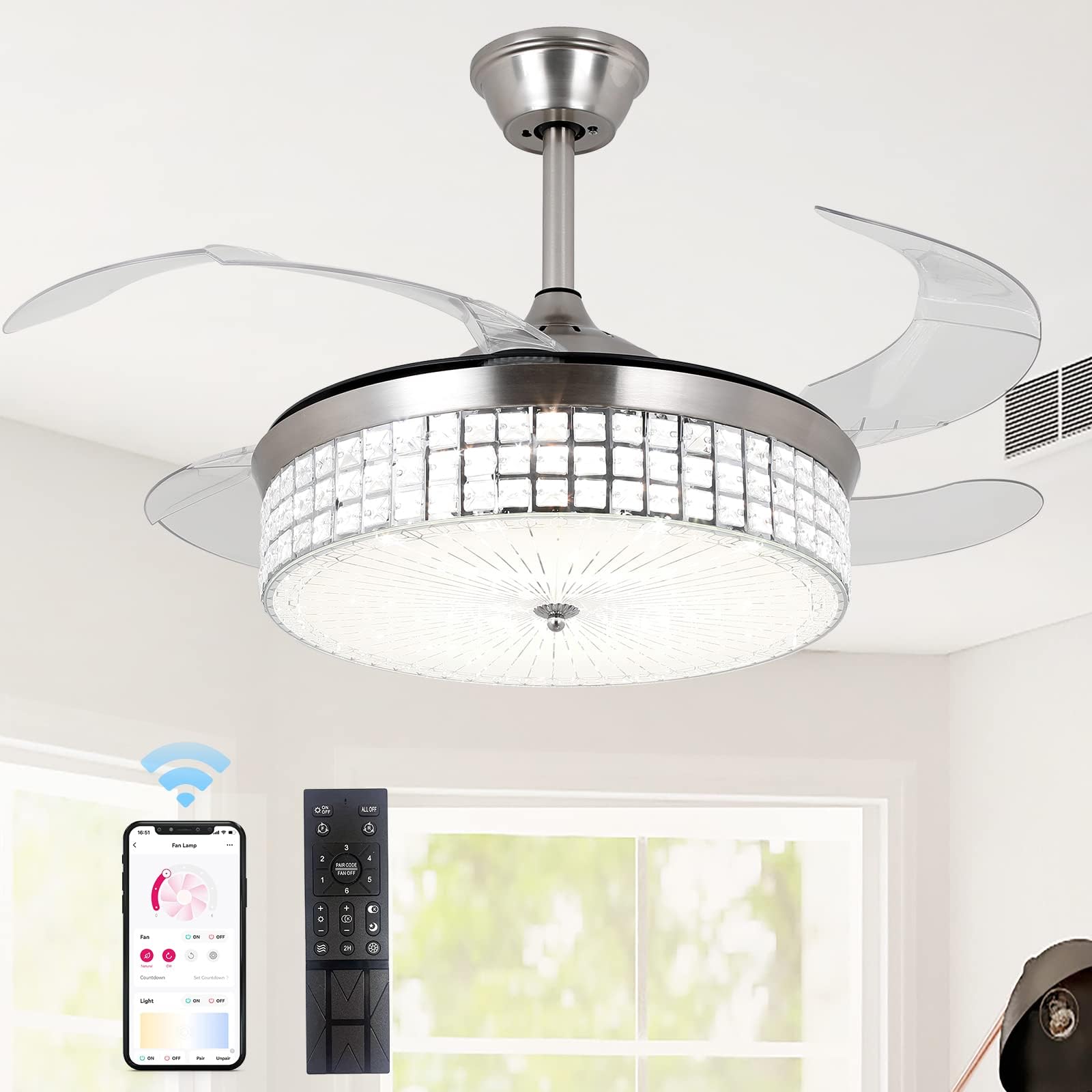 LODADRA Fandelier Ceiling Fan with Light and Remote, Modern Retractable ...