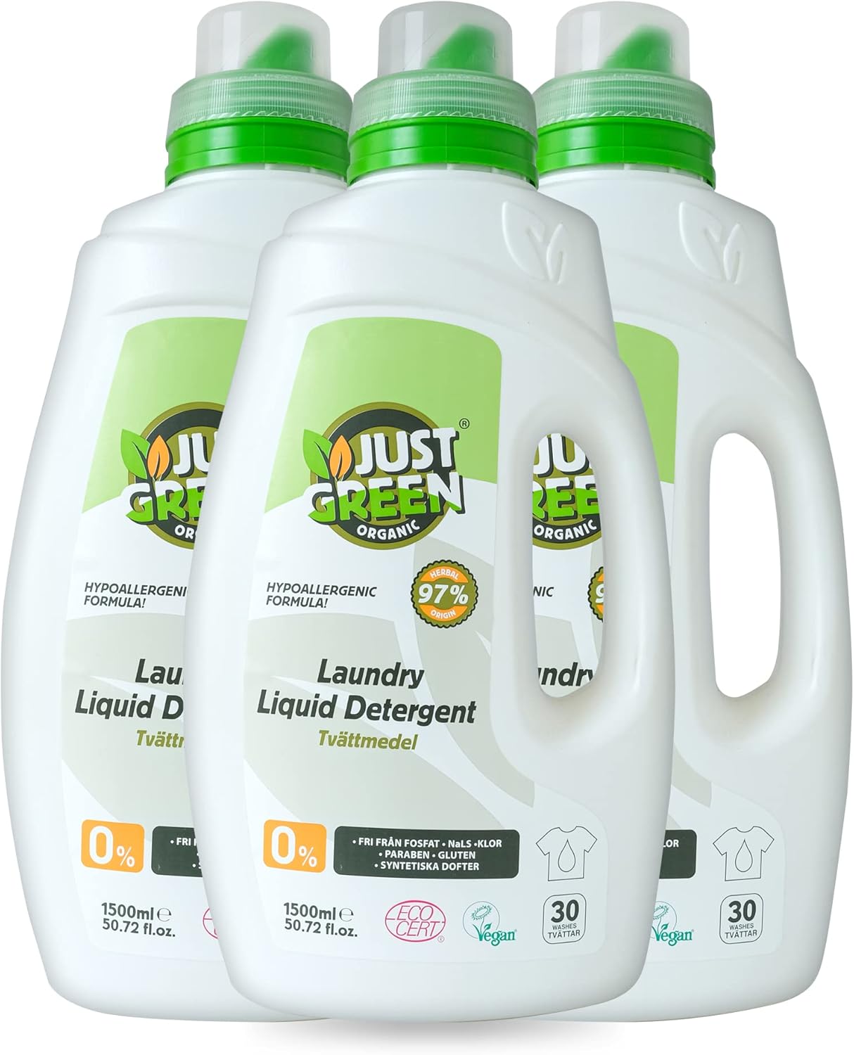 Just Green Organic Laundry Liquid 1500ml, Non-Toxic Formula, Vegan ...