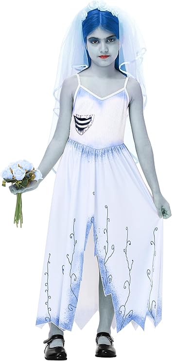 AOBUTE Halloween Girls Blue Zombie Bride Dress Sleeveless V Neck Party ...