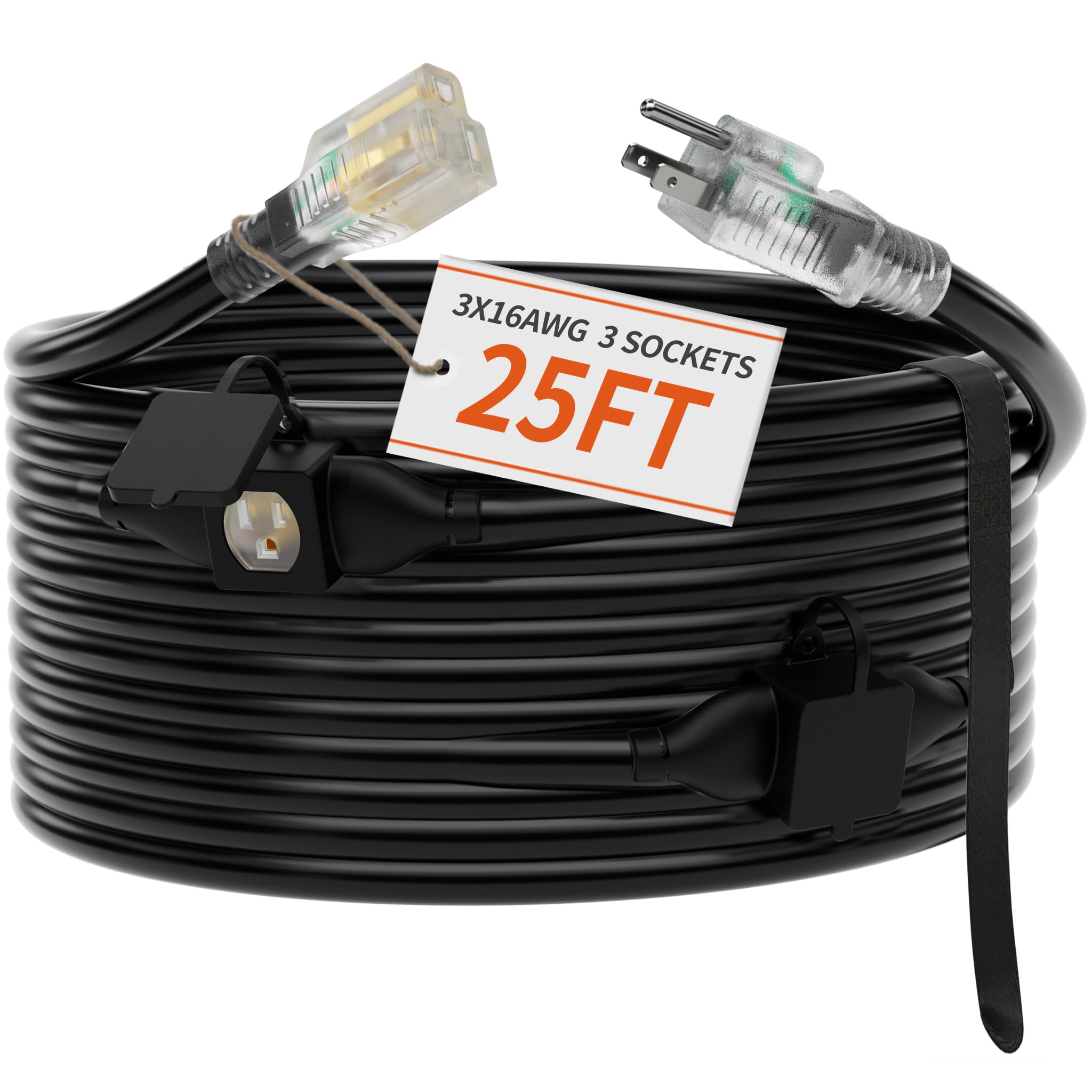 PlugSaf 25 FT Outdoor Extension Cord with Multiple Outlets, 16/3 Gauge ...