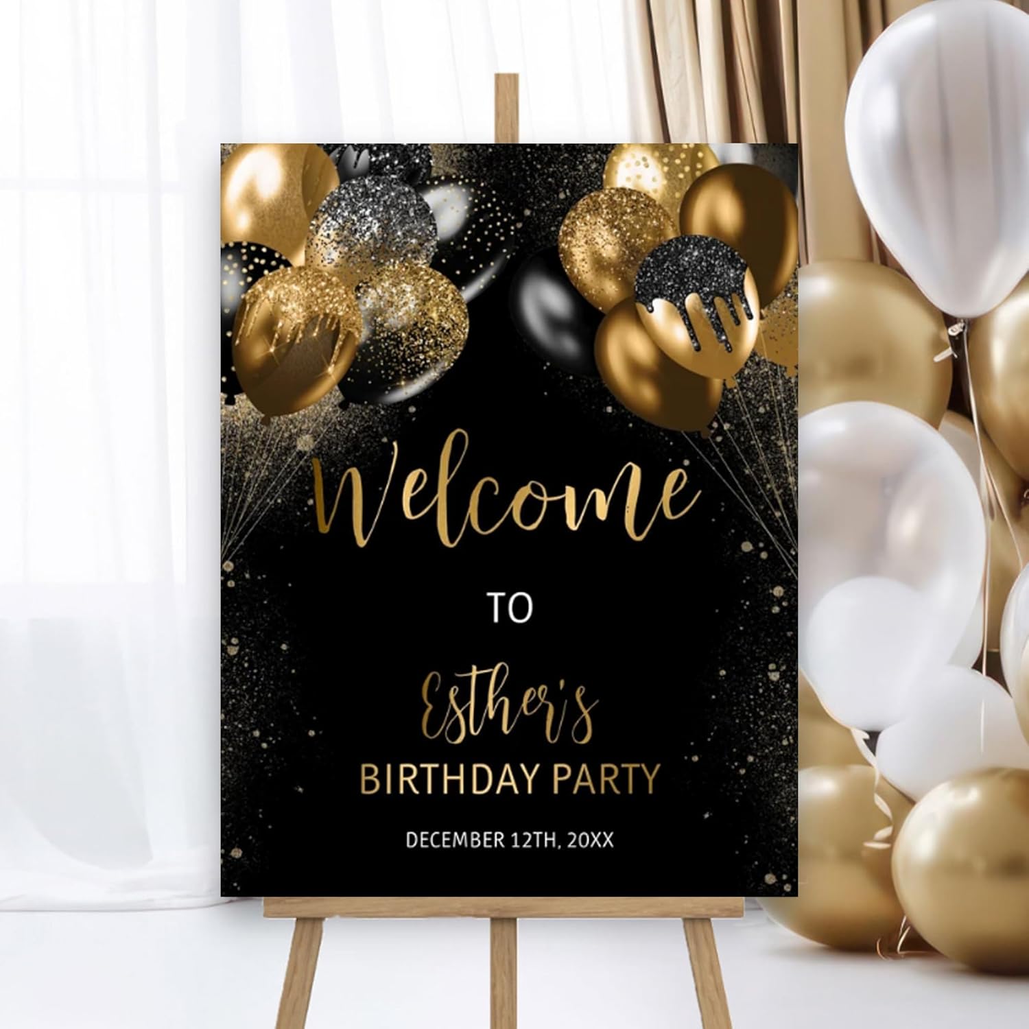 Amazon.com : Birthday Welcome Sign, Black And Gold Glitter Balloons ...