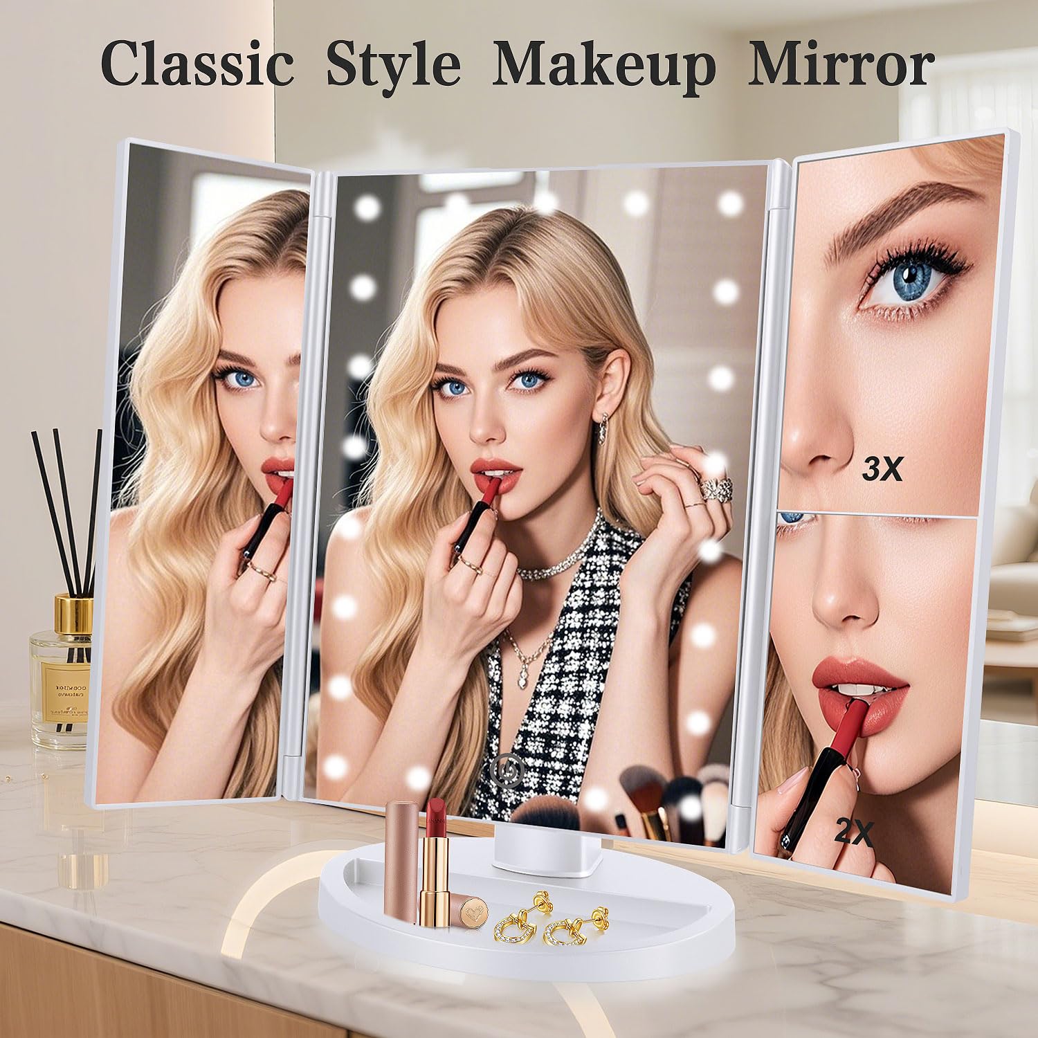Snapklik.com : Deweisn Floor Mount Tri-Fold Lighted Vanity Mirror