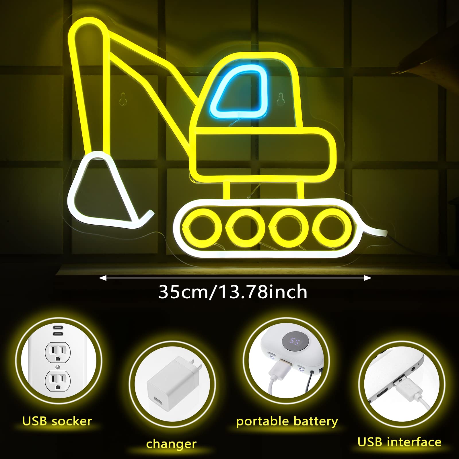 Neon Sign Construction Excavator Vehicles LED Neon Light USB Powered ...