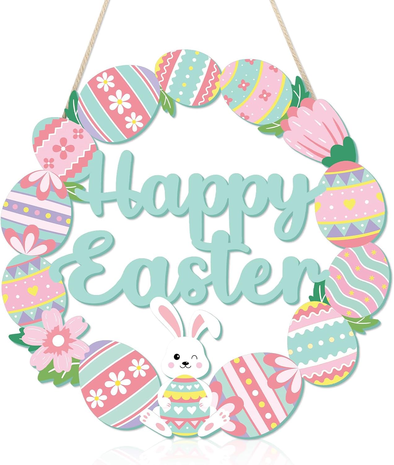 Easter Decorations Home Happy Bunny Eggs Wood Wreath Sign For Indoor ...