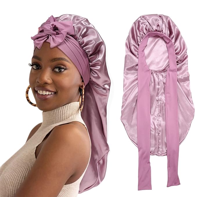 Amazon.com : AWAYTR Long Satin Bonnet for Women - Double Layer Elastic ...