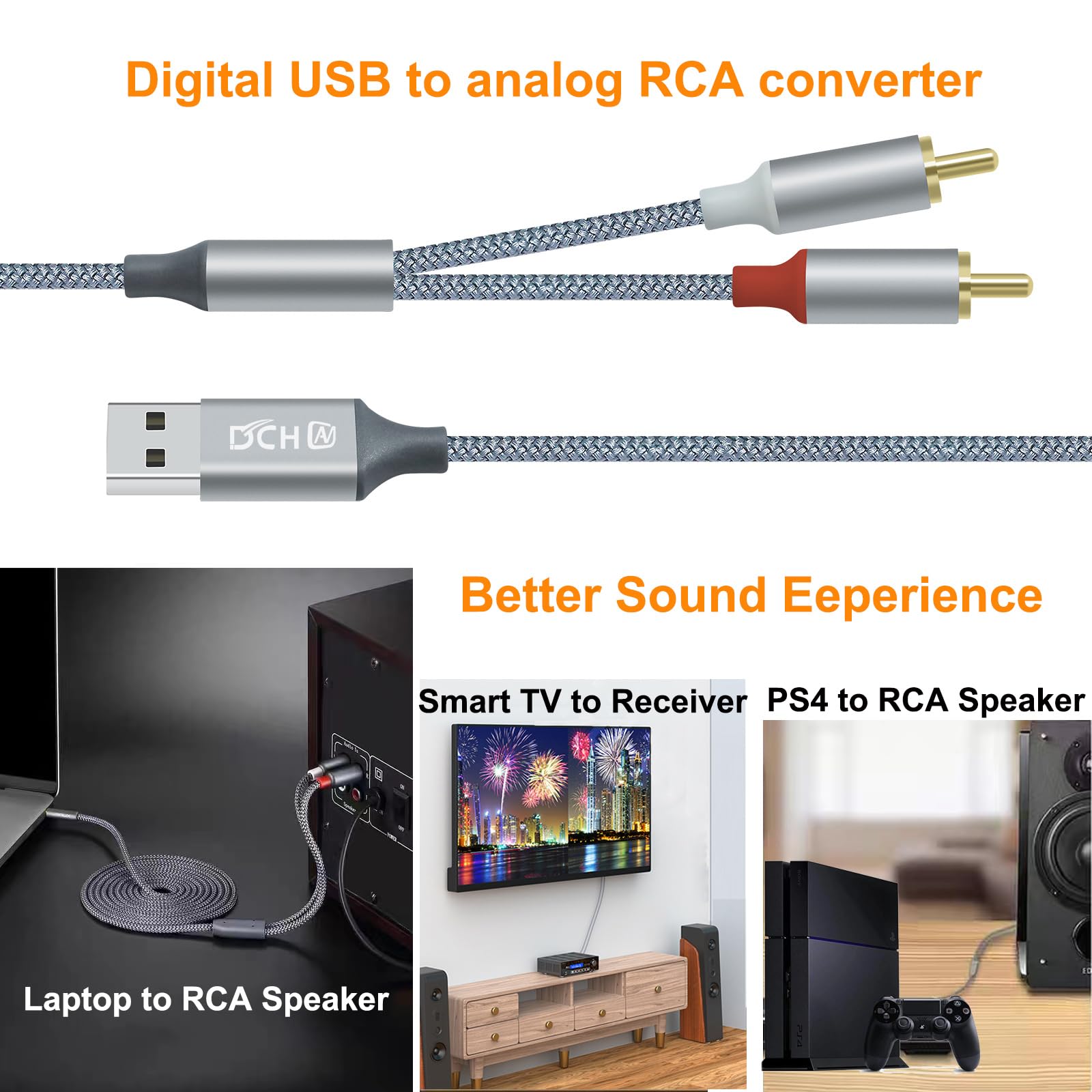 Snapklik.com : 4ft USB To RCA Audio Cable Type A To 2 RCA Adapter Cord ...
