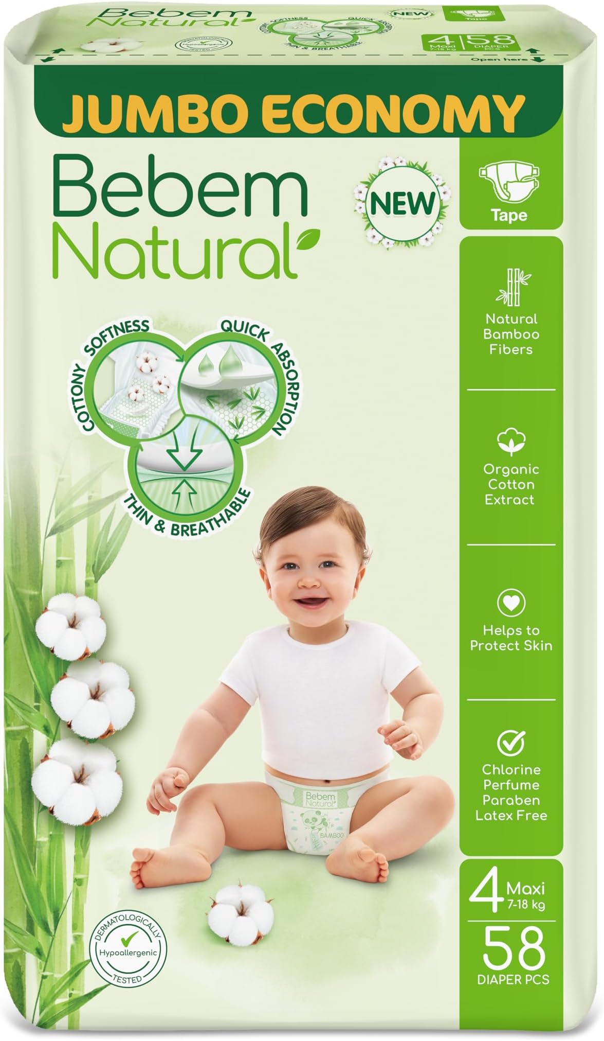 Bebem Natural - Baby Diapers - Jumbo Pack - Maxi Size 4 - 58 Pieces ...