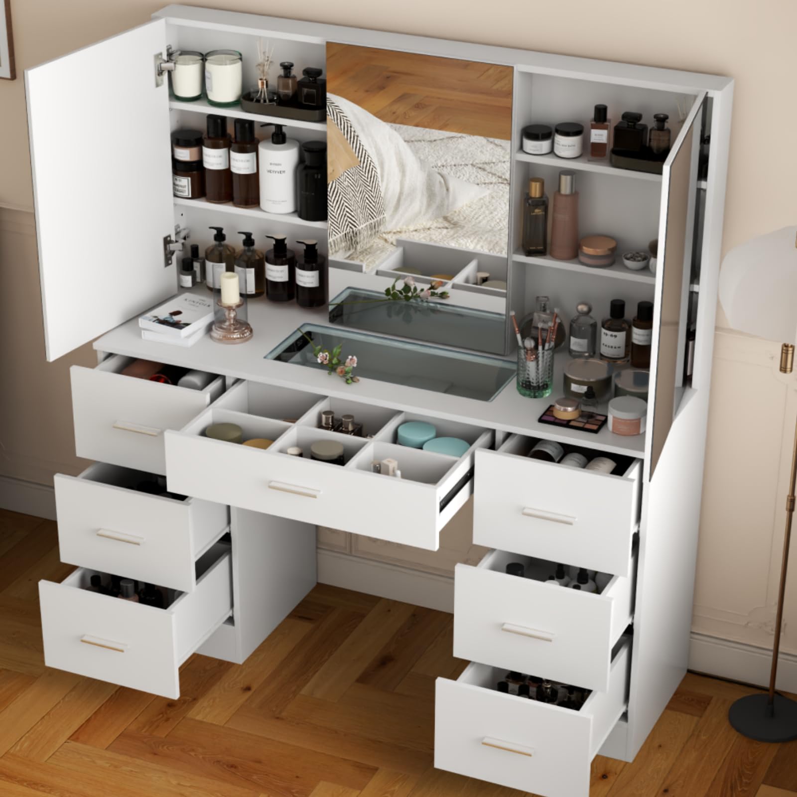 Amazon.com: Makeup Vanity Desk with Large Mirror, 46" Modern Vanity ...