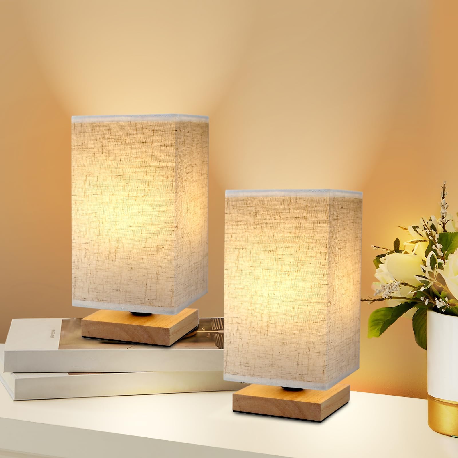 Table Lamp, 2 Pack Small Bedside Lamp Minimalist Lamps with Rectangle ...
