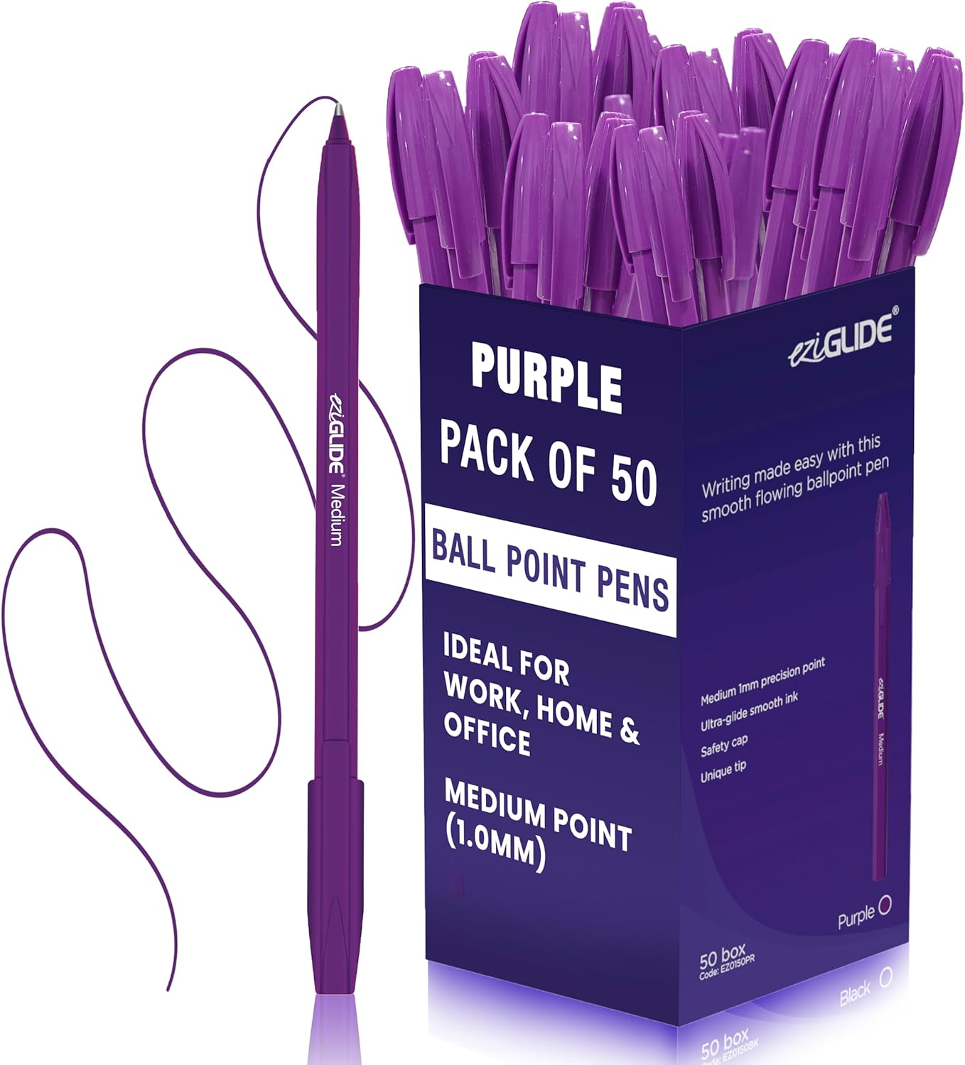 Eziglide 50-Pack Ballpoint Pen Set, Purple – Medium Point Nib (1.0mm ...