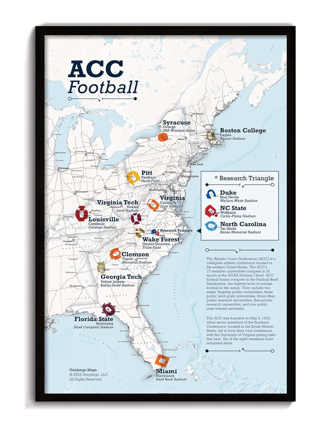 Amazon.com: Framed College Football Stadium Map - Features ACC Teams ...