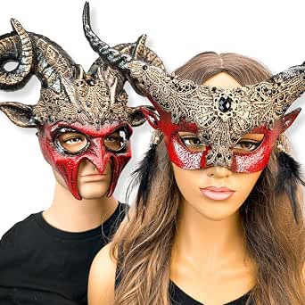 Amazon.com: Couples Halloween Masquerade Masks Devil Ram Horns Horror ...