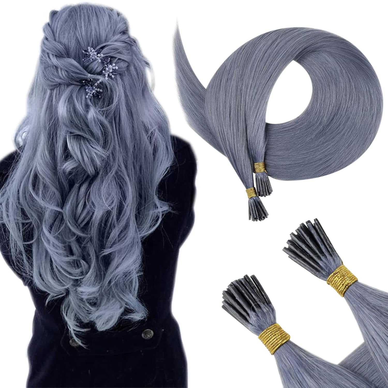 Amazon.com : RUNATURE Pre Bonded I Tip Hair Extensions Grey Blue ...
