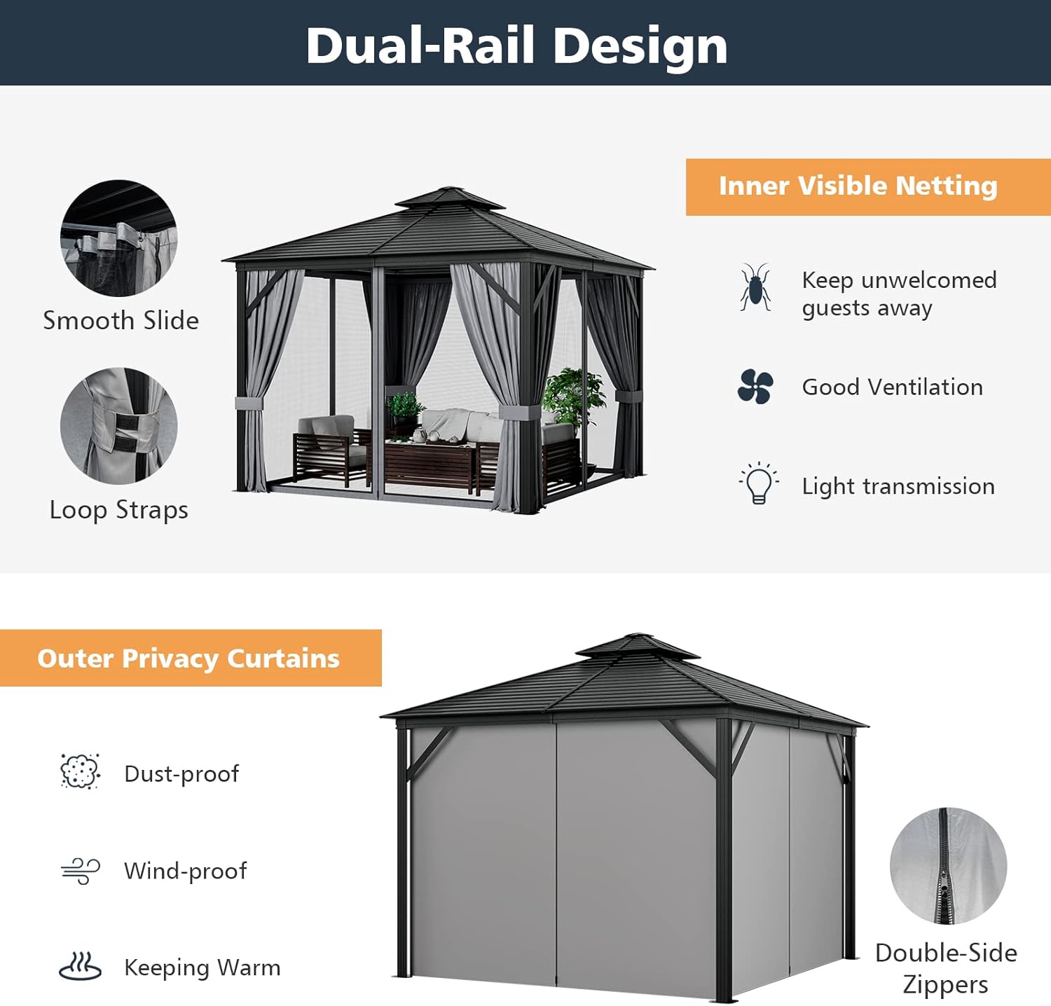 Tangkula Gazebo de techo rígido de 10 x 10 pies glorieta doble para ...