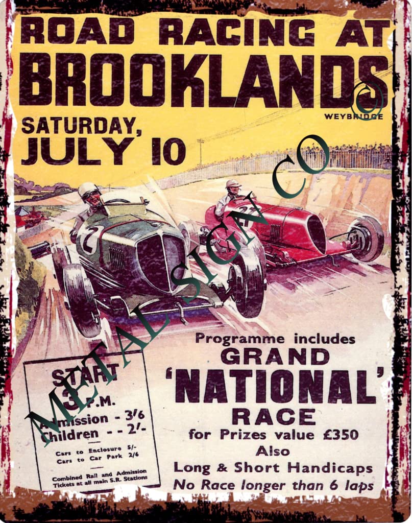 BROOKLANDS ROAD RACING SIGN SMALL 6x8in 15x20cm RETRO VINTAGE STYLE tin ...