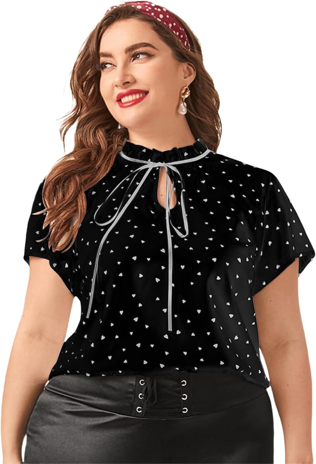OYOANGLE Women's Plus Size Heart Print Tie Neck Short Sleeve Work Office Summer Blouse Tops at ...