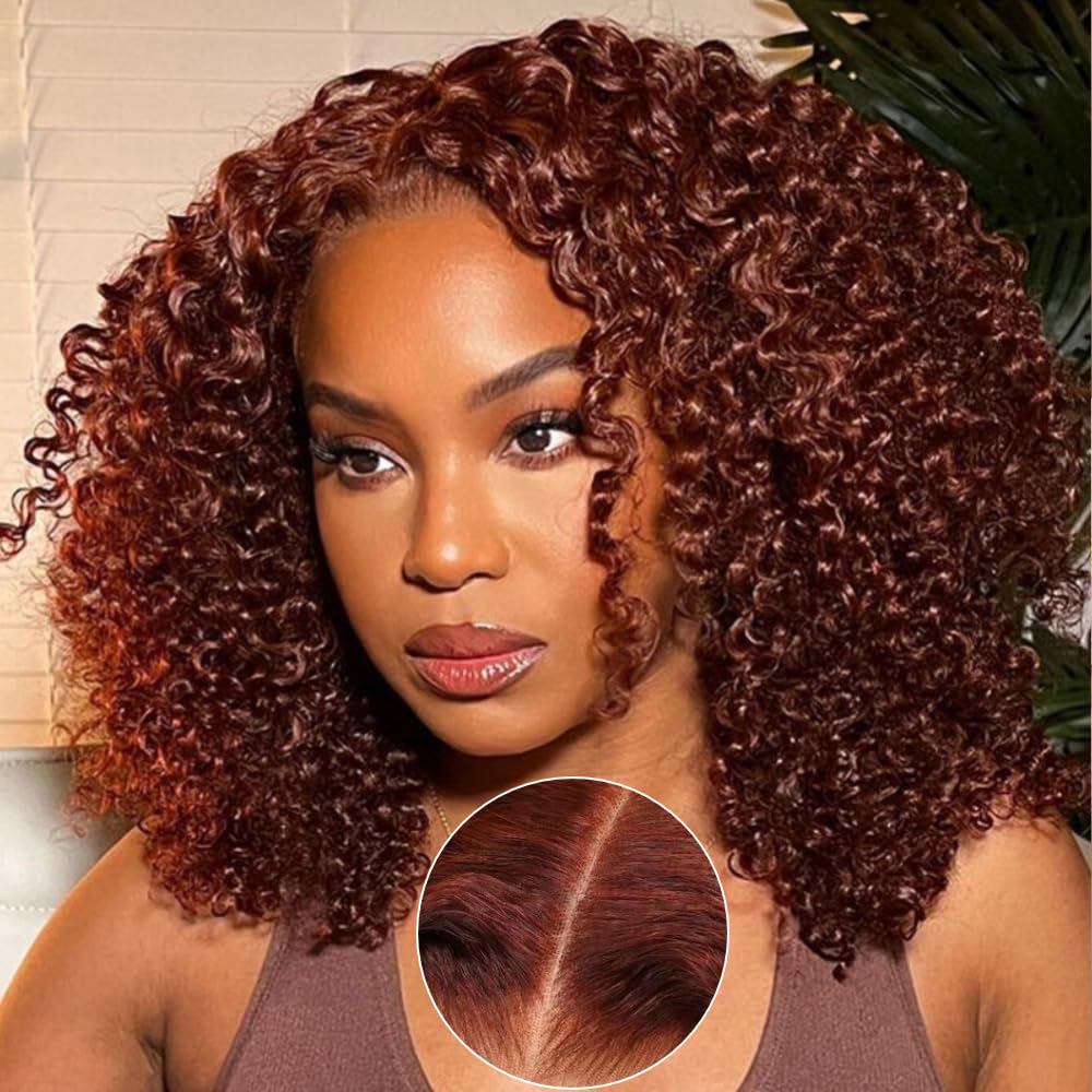 Amazon.com : KLAIYI Bye Bye Knots Glueless Wig Reddish Brown Curly Bob ...