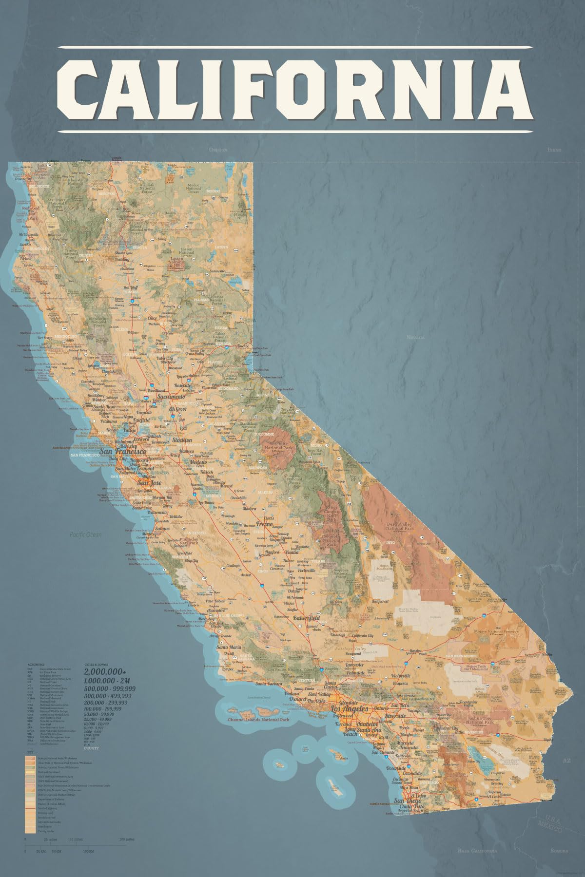 Amazon.com : California State Wall Map 24x36 Poster (Tan & Slate Blue ...