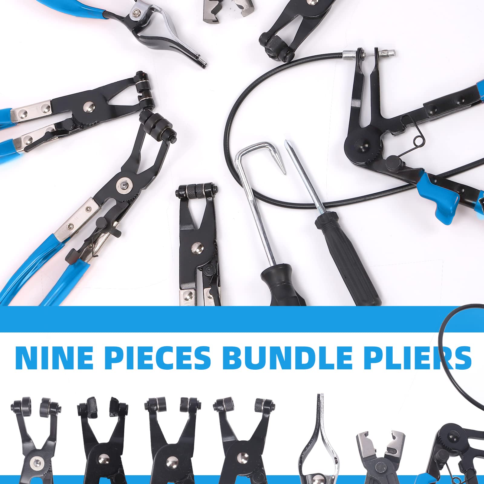Glarks 9Pcs Blue Flexible Hose Clamp Pliers Set, Long Reach Spring Wire ...