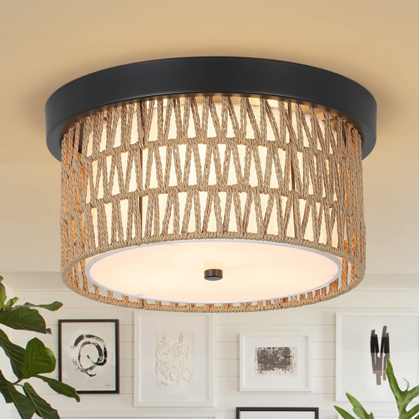 Stepeak Boho Rattan Flush Mount Ceiling Light, 3-Light Farmhouse Rattan ...