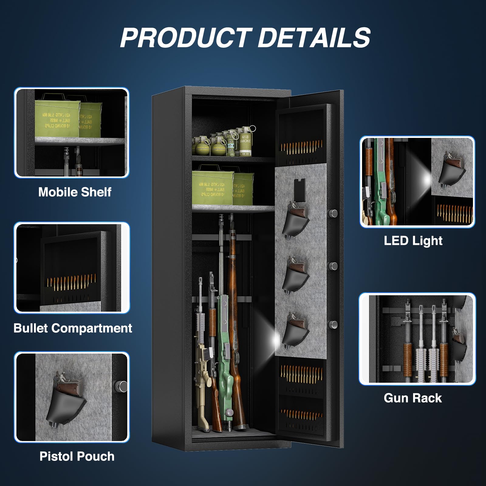 5 Gun Safe Cabinet with 3 Pistol Pouches,Biometric Large Gun Cabinet ...