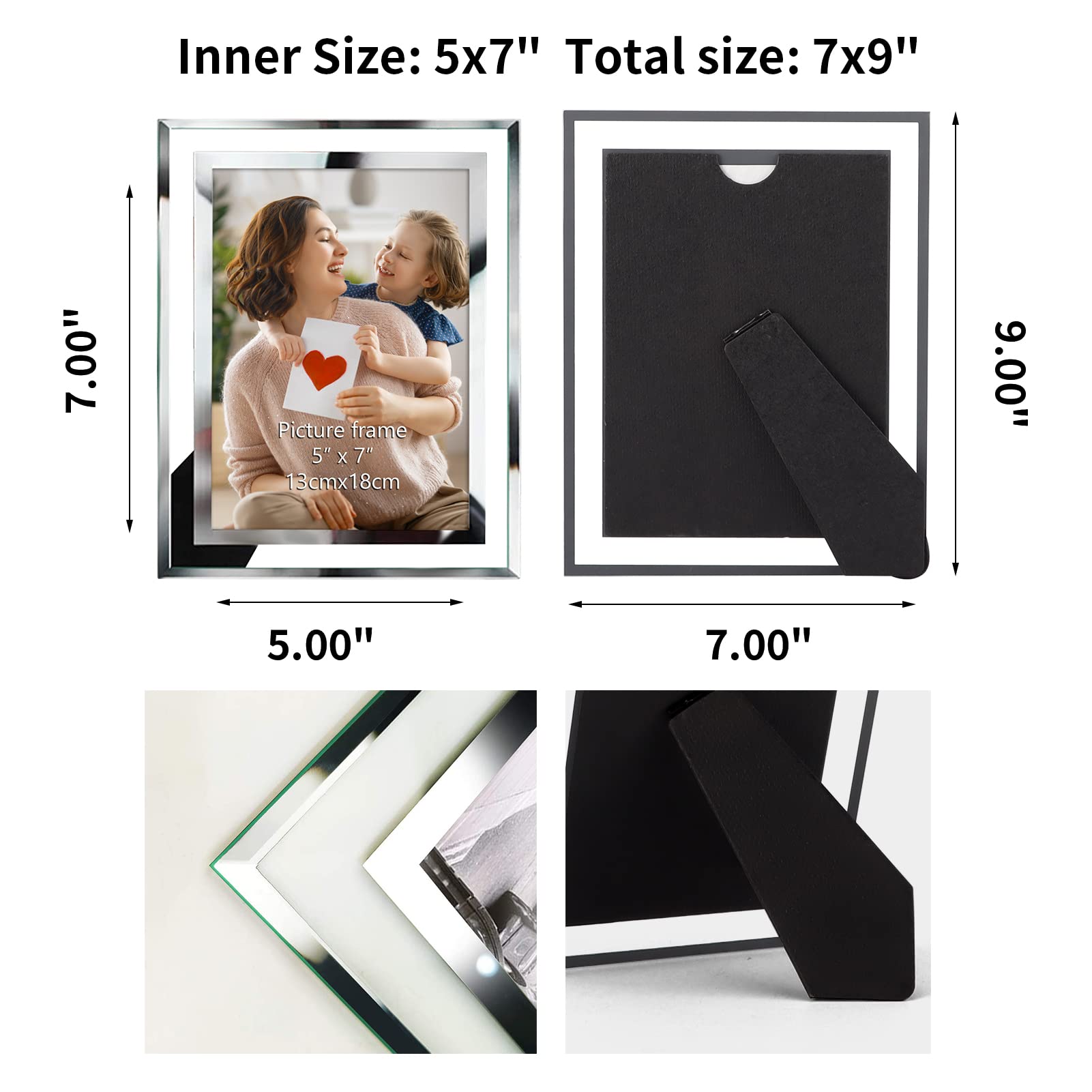 PETAFLOP 5x7 Picture Frames, Mirrored Glass Photo Frame 5 by 7 for ...