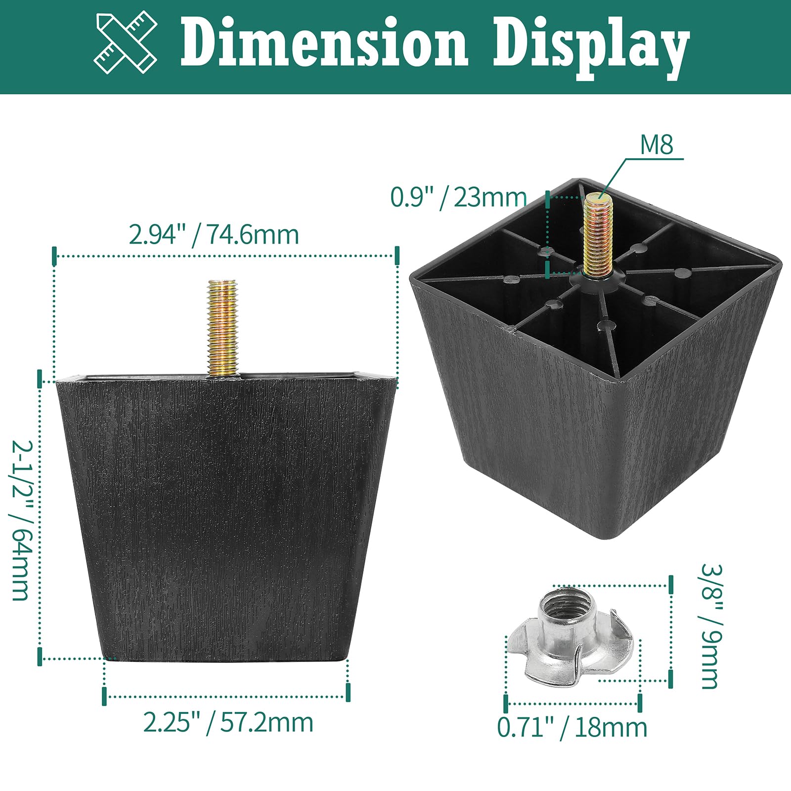 Snapklik.com : 2.4 Inch Plastic Furniture Legs, Square Couch Legs Black ...