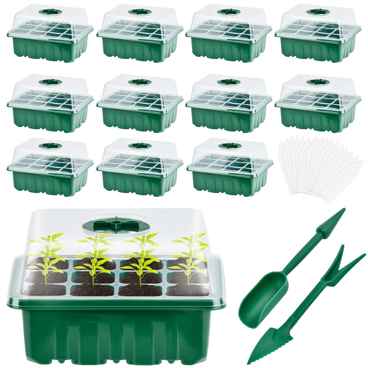 HUMOKI Seed Trays,12 Pack 144 Cells Seed Propagators with Lids, Seedling Starter Tray with 2 ...