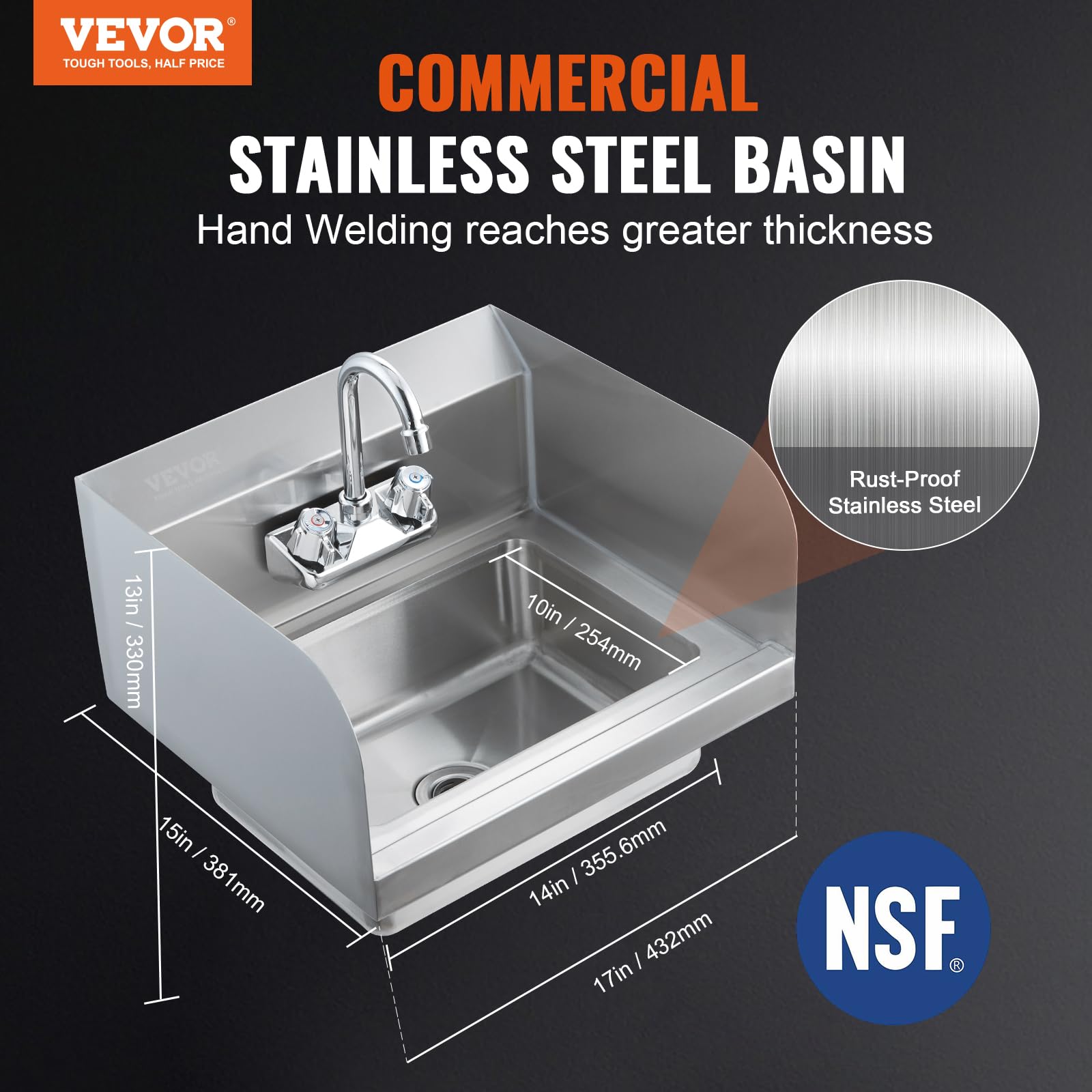 VEVOR Commercial Hand Sink with Faucet and Side Splash, NSF Stainless ...