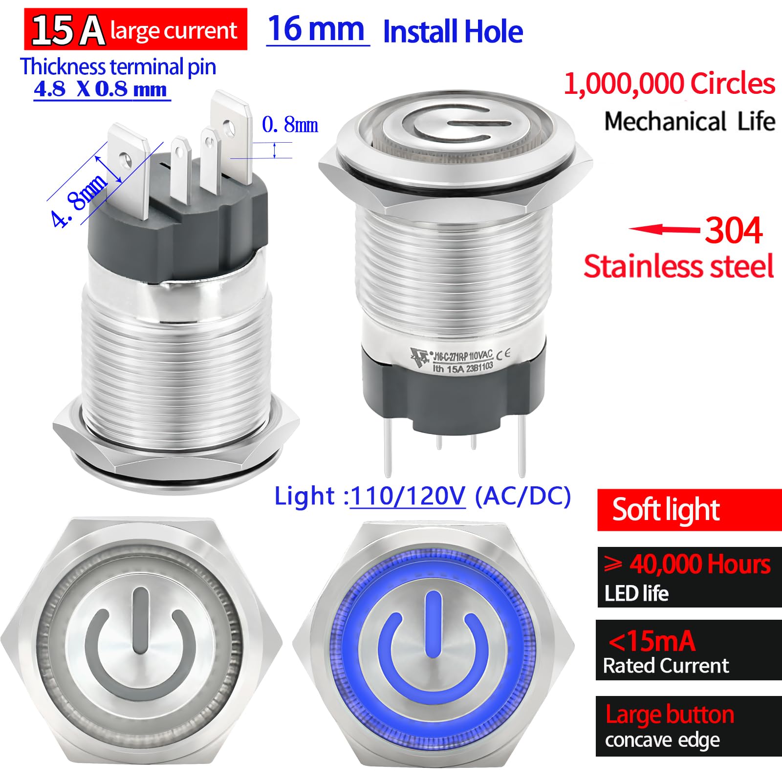 Snapklik.com : UL Listed 5Pcs 15Amp 16mm 110V-120V AC/DC Latching Push ...