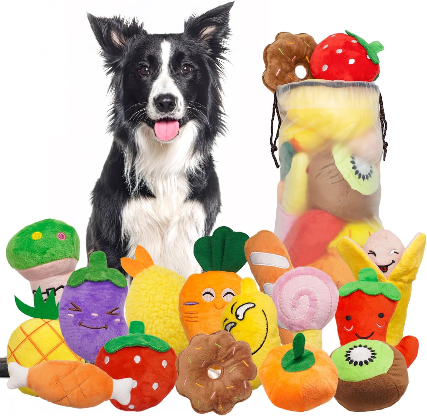 Rainbow-K9 15 Pack Dog Squeaky Toys Cute Plush Toys Stuffed Fruits ...