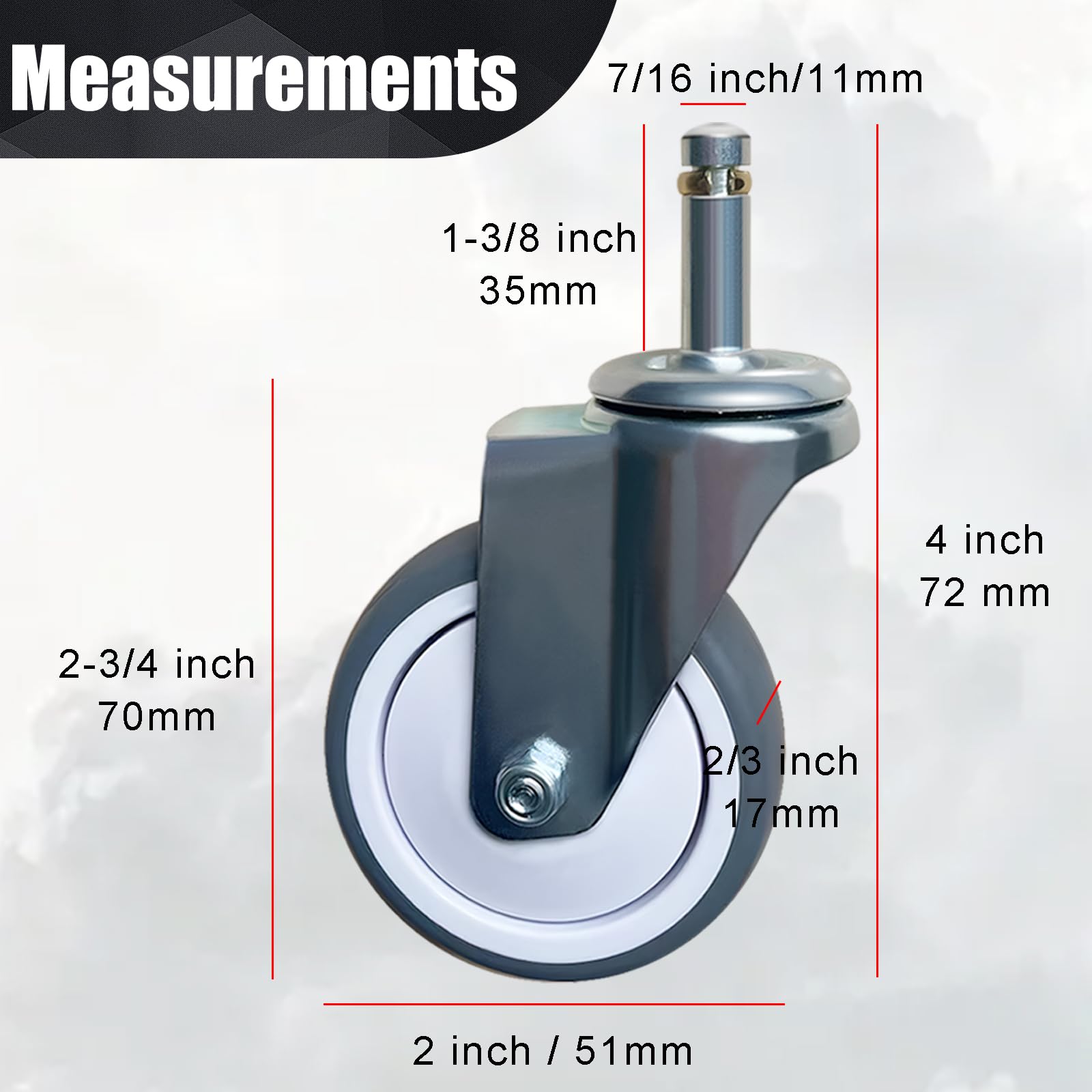 Snapklik.com : 2 Inch Stem Caster Wheels, 7/16-Inch Stem Diameter TPR ...